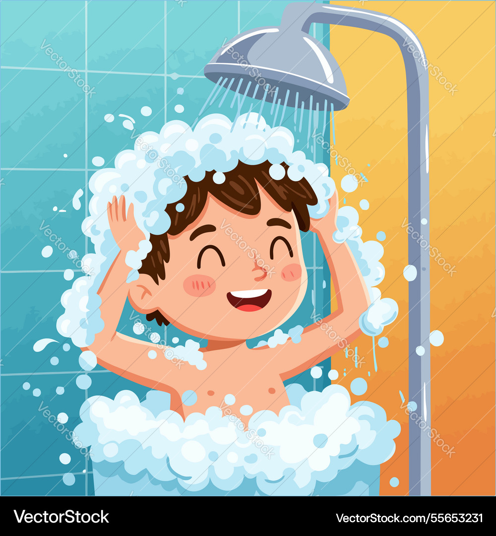 Boy taking shower with foam cartoon in bathroom Vector Image