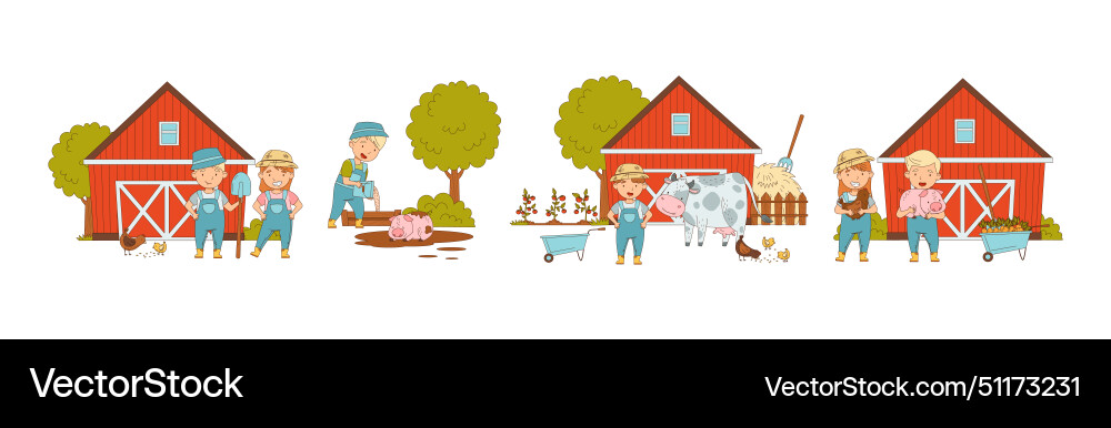 Little kid farmer character at village set Vector Image