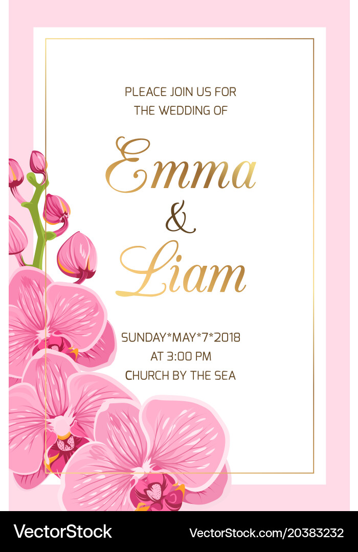 Wedding invitation template pink orchid frame gold