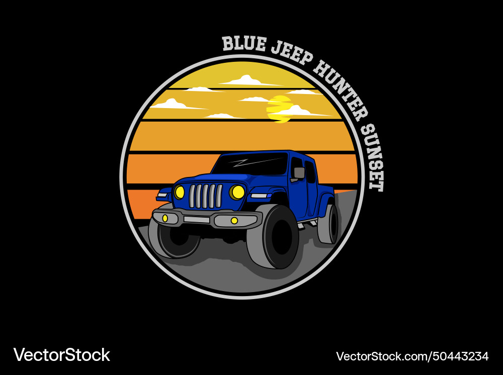 Blue jeep hunter sunset retro design landscape Vector Image