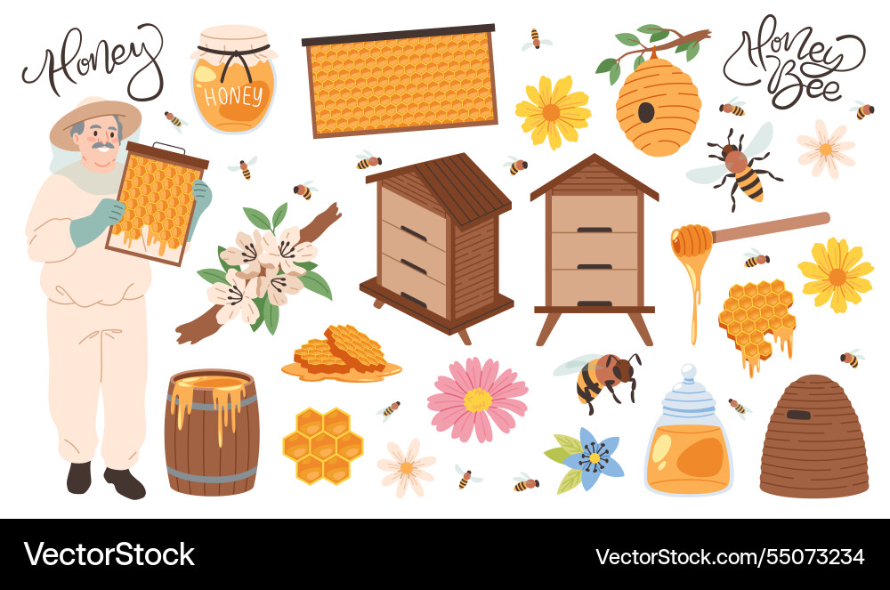 Cartoon apiary elements funny beekeeper Royalty Free Vector