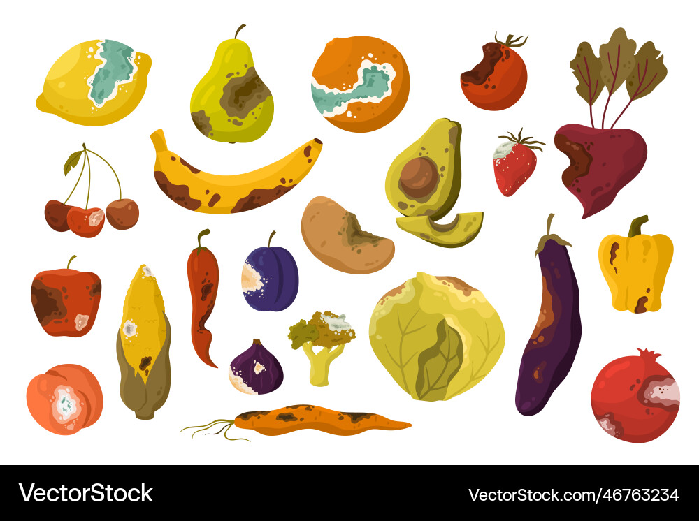Rotten vegetables and fruit set bad unhealthy Vector Image