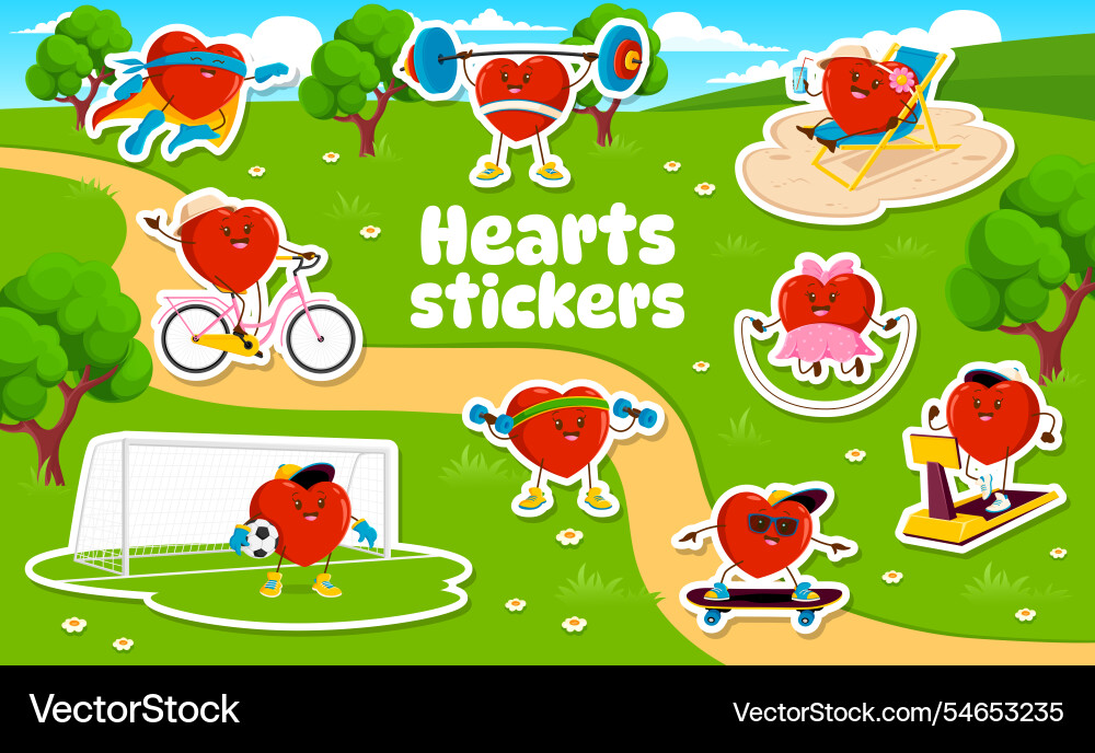 Cartoon heart characters stickers pack Royalty Free Vector