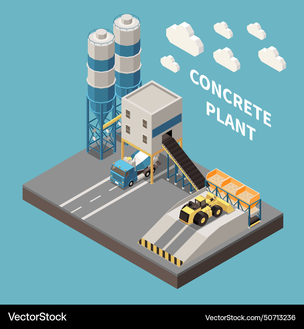 Concrete cement production isometric composition Vector Image