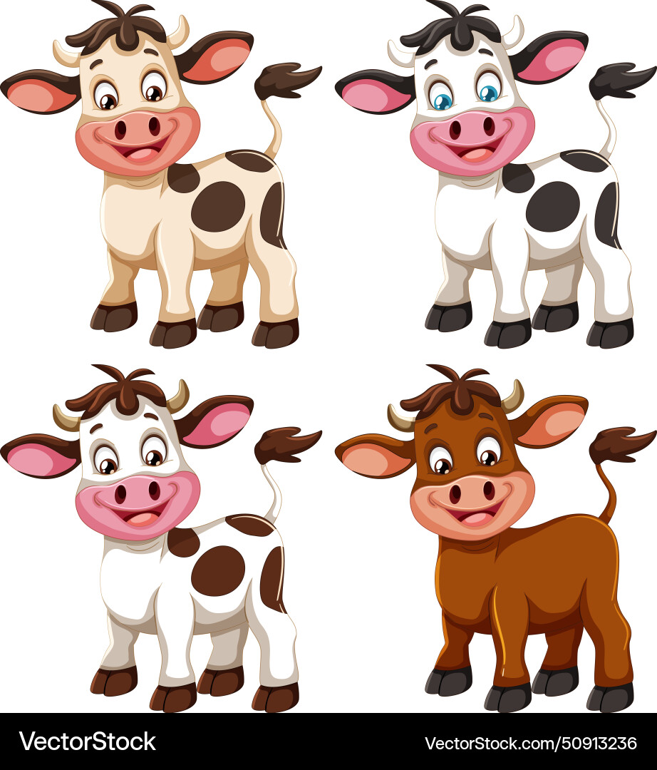 Four cute animated cows with different expressions