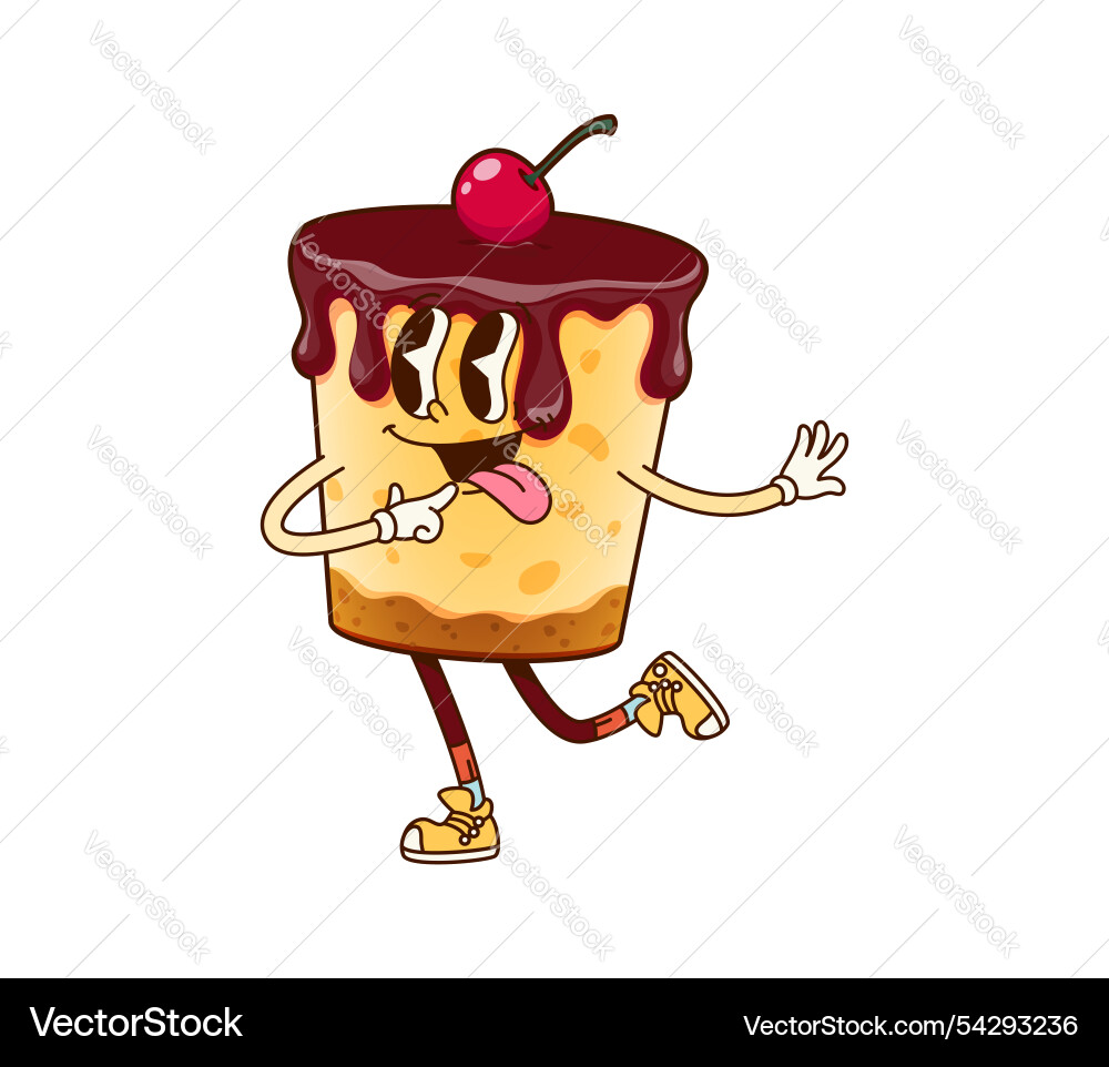 Groovy cake character cartoon biscuit Royalty Free Vector