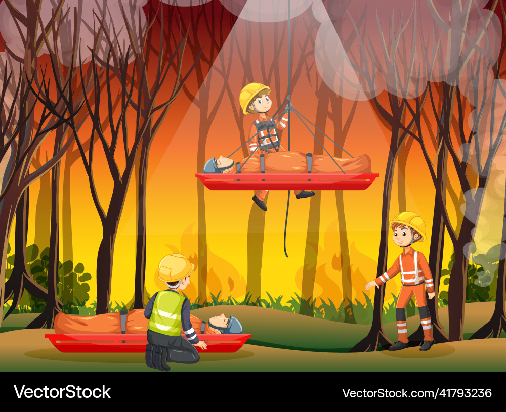 Wildfire scene with firerman rescue in cartoon Vector Image