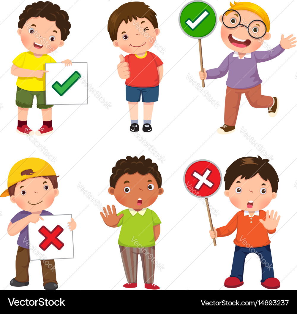 Set of boys holding and doing right wrong Vector Image