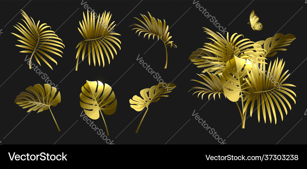 Set golden branches tropical plants Royalty Free Vector