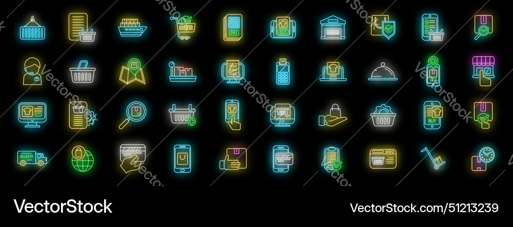 Ordering process icons set neon Royalty Free Vector Image
