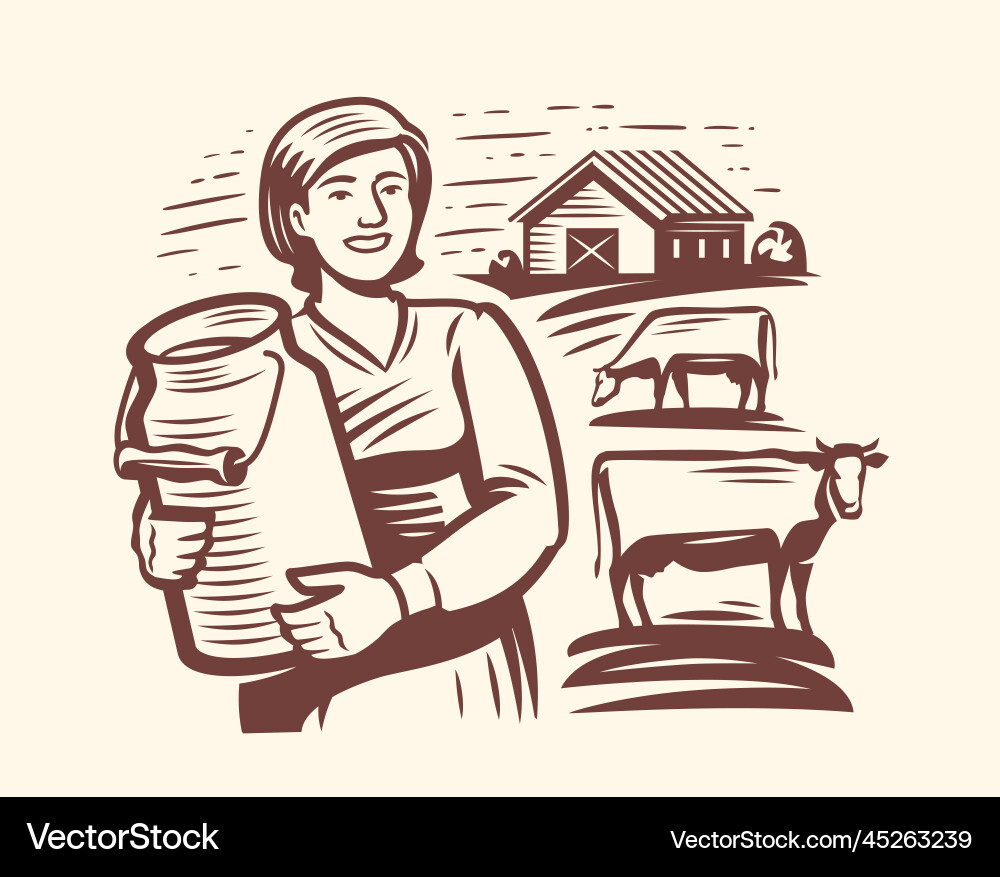 Young milkmaid or farmer standing with milk can Vector Image