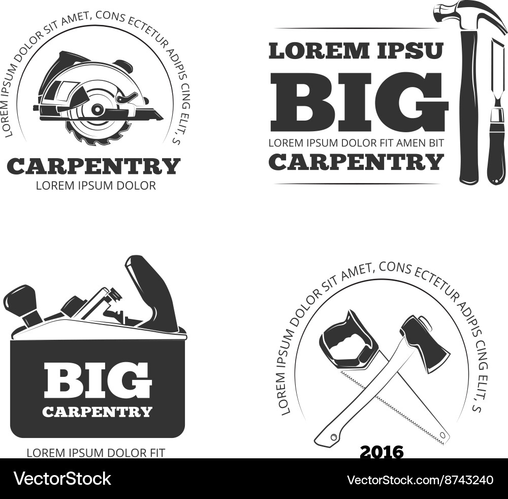 Carpentry workshop labels logos badges Royalty Free Vector
