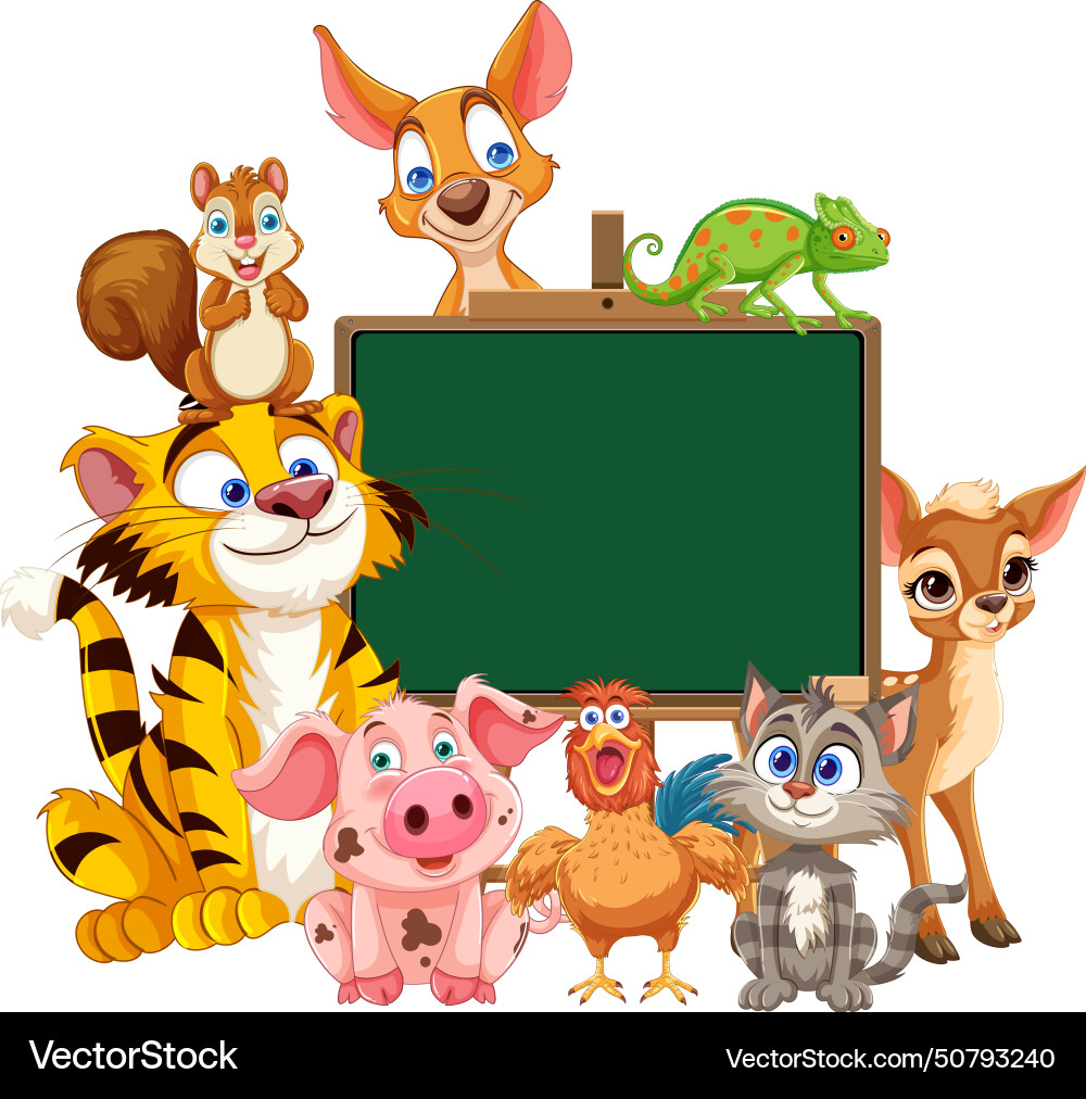 Cartoon animals grouped around a blank chalkboard Vector Image