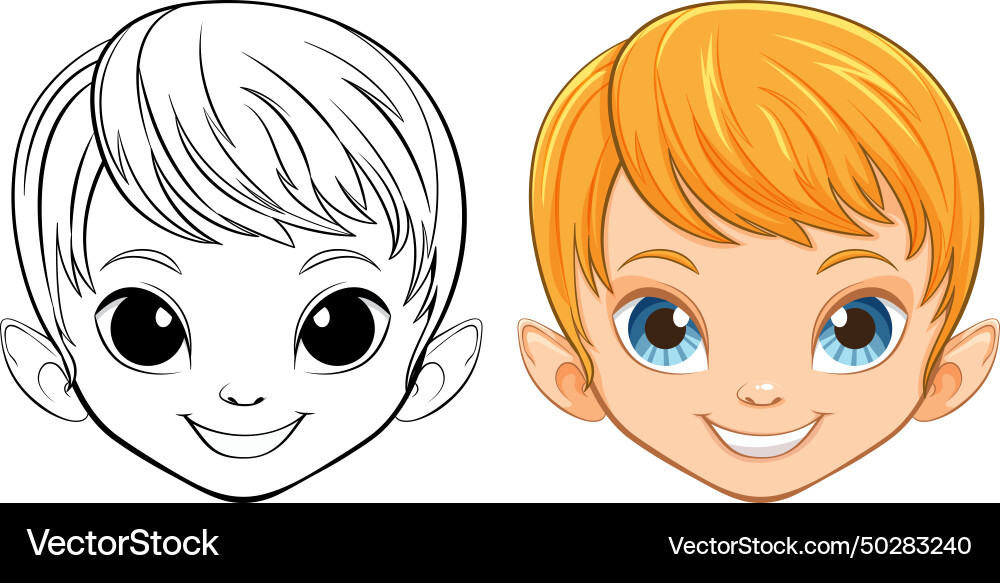 Cartoon boy faces one colored and line art Vector Image