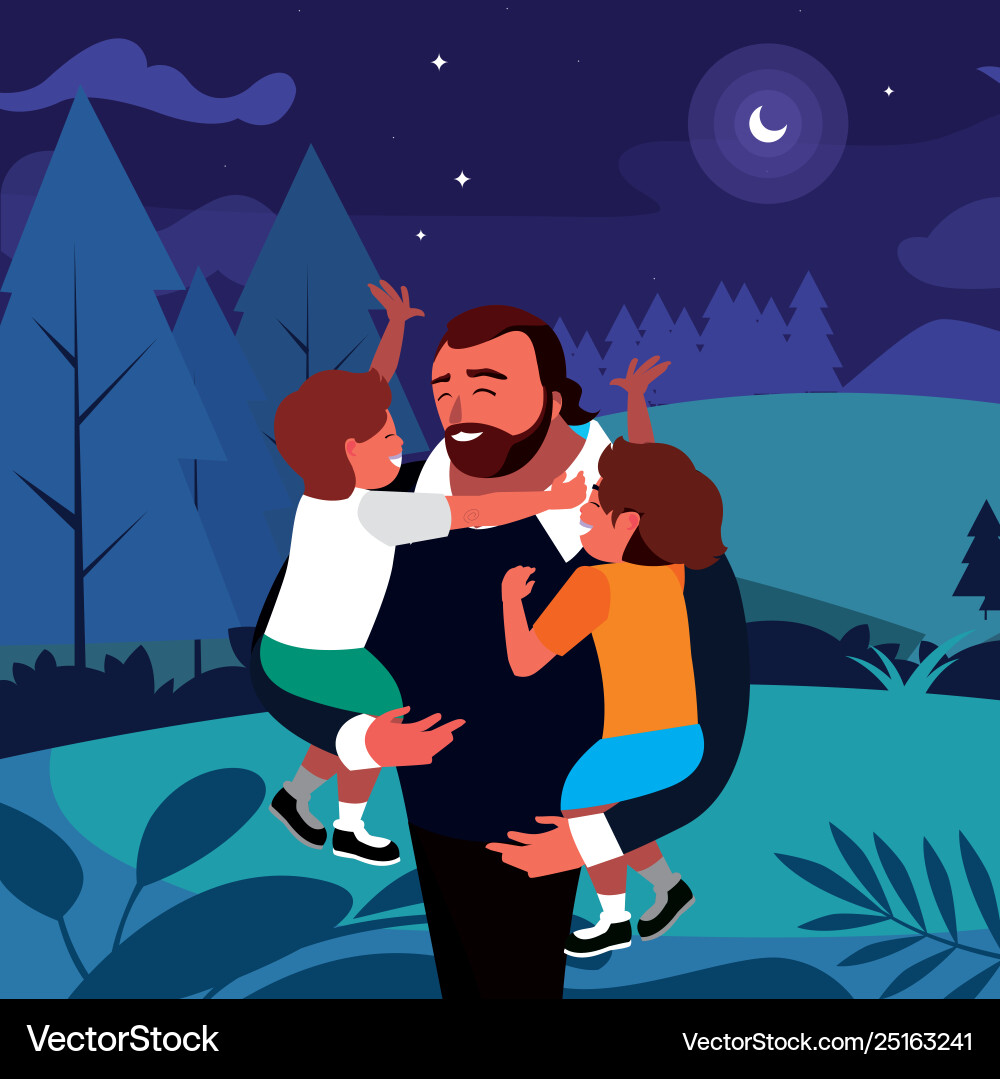 Father with sons characters in field Royalty Free Vector