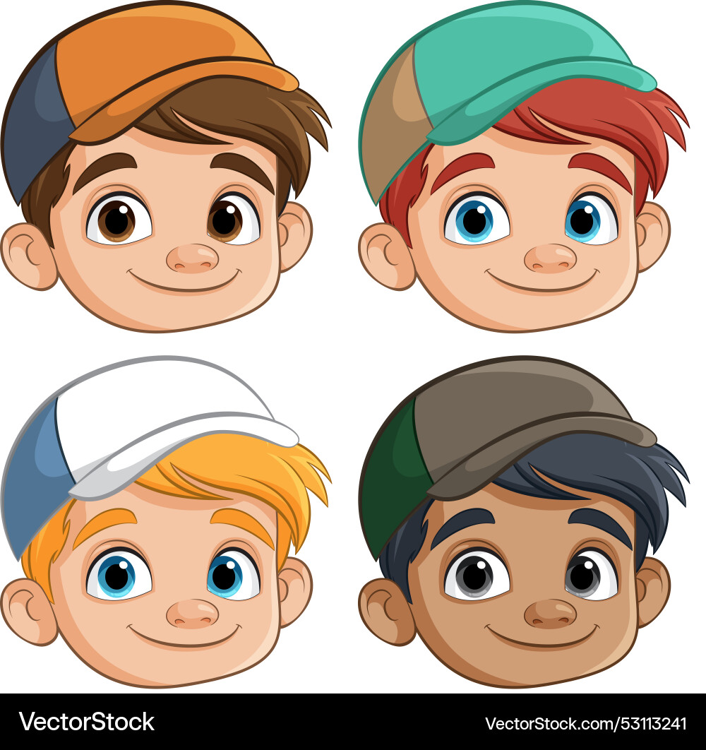 Four boys with different caps Royalty Free Vector Image