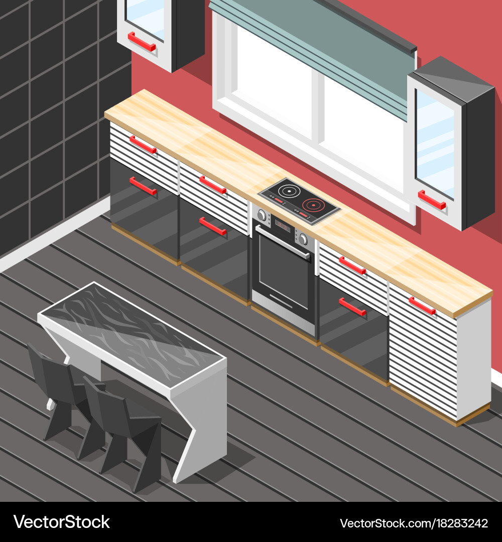 Kitchen futuristic interior isometric background Vector Image