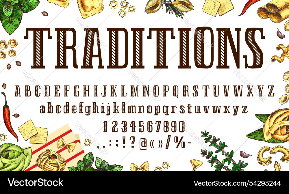 Italian pasta font spaghetti alphabet typeface Vector Image