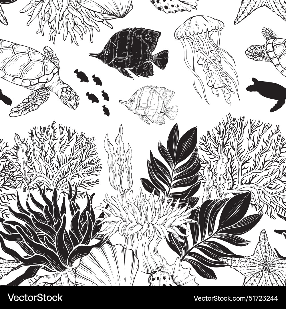 Marine life outline pattern the ocean Royalty Free Vector