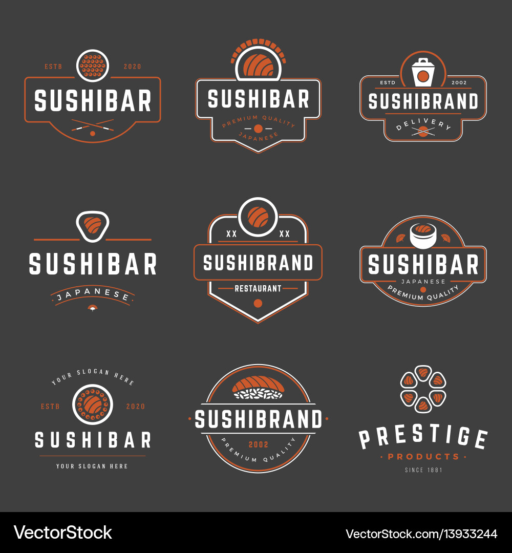 Sushi shop logos templates set objects Royalty Free Vector