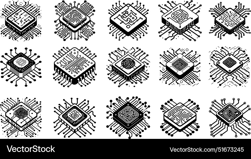 Ai processor black isometric icons chip Royalty Free Vector