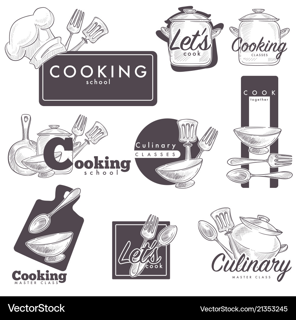 Cooking culinary school logo sketch icons Vector Image