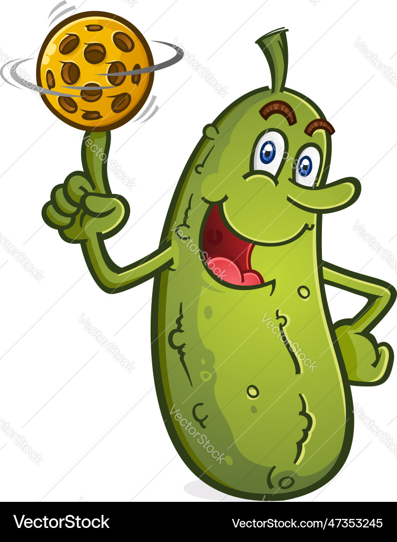 Pickle cartoon character spinning a pickleball Vector Image
