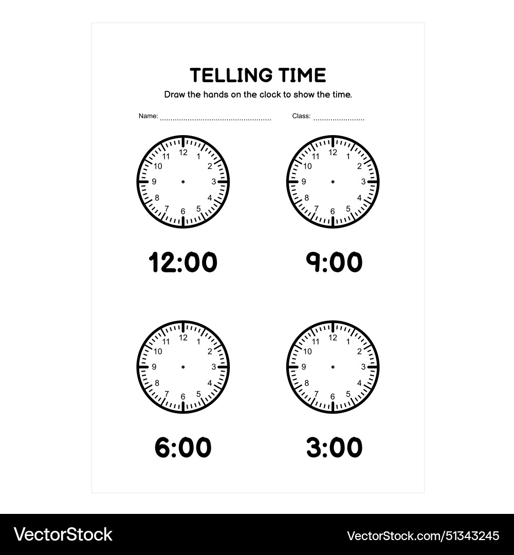Time and clock worksheets math tellin Royalty Free Vector