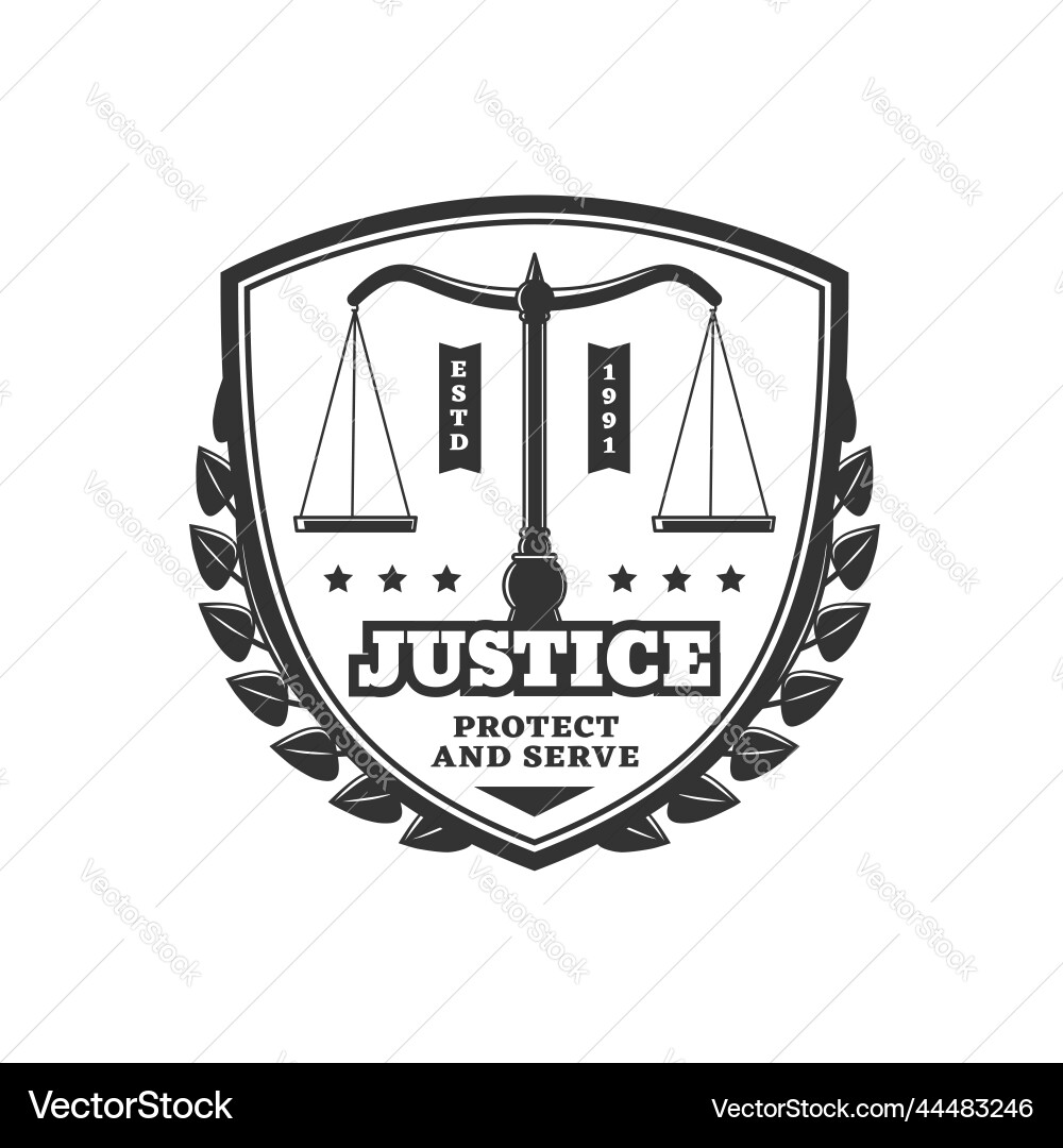 Justice icon scales on heraldic shield wreath Vector Image