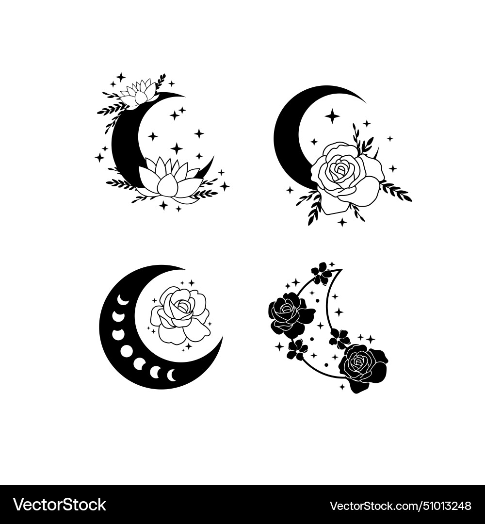 Blooming crescent moon with flowers and stars Vector Image