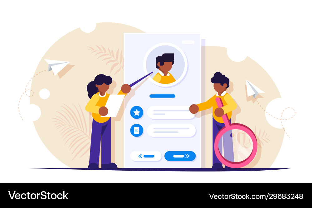 Employees work with an electronic profile Vector Image