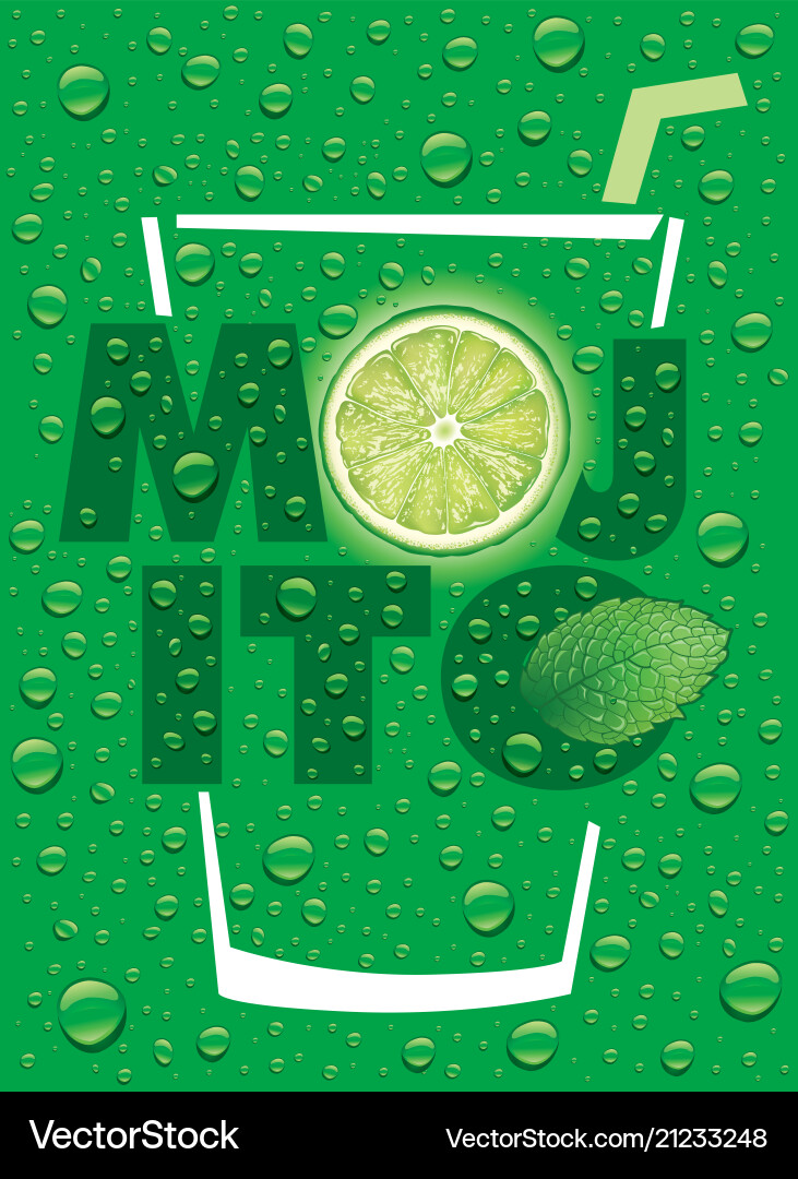 Mojito text with lime slice and mint leaf Vector Image