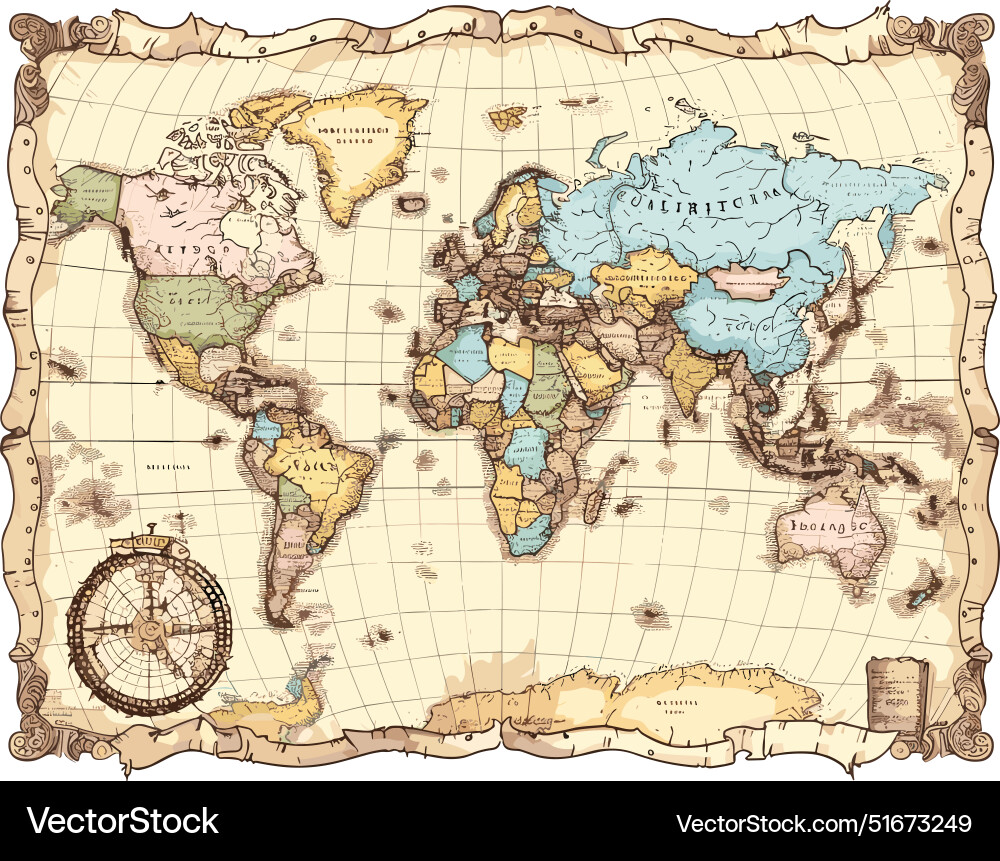 Antique world map cartoon Royalty Free Vector Image