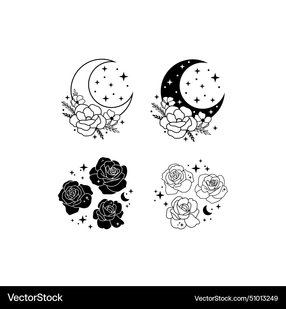 Blooming crescent moon with flowers and stars Vector Image