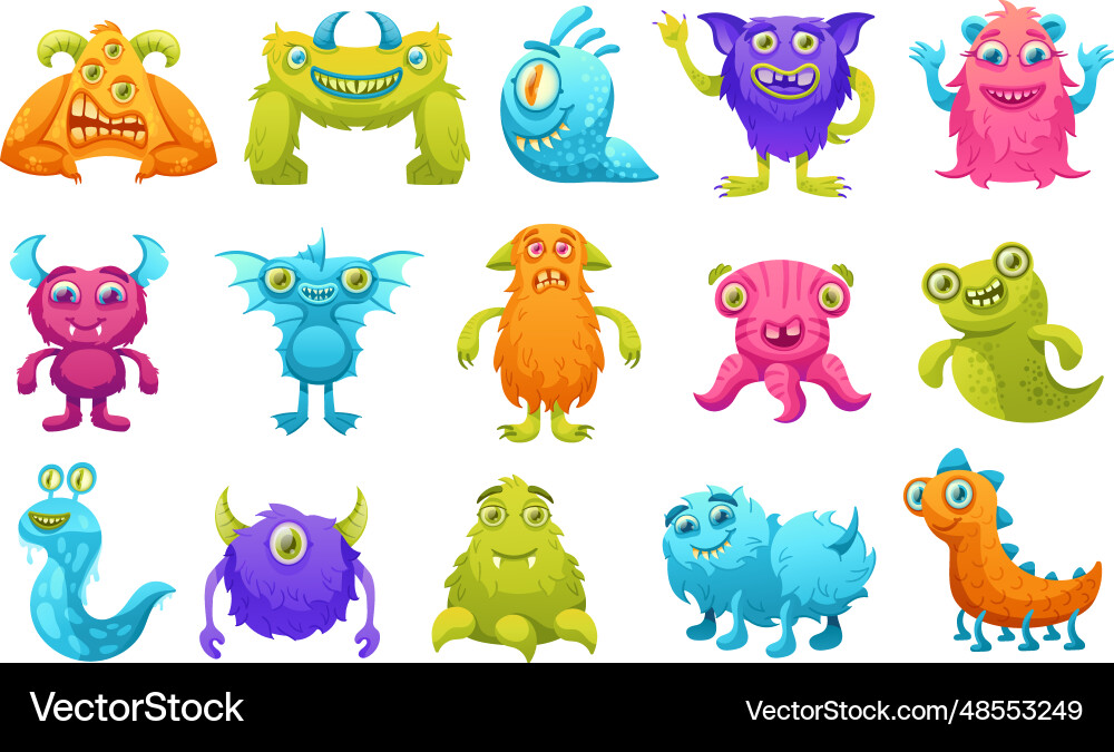 Cartoon monsters colorful funny creatures furry Vector Image