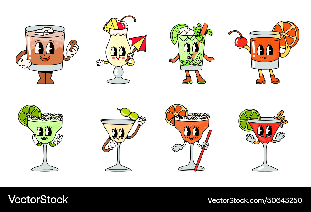 Cartoon groovy cocktail characters collection Vector Image