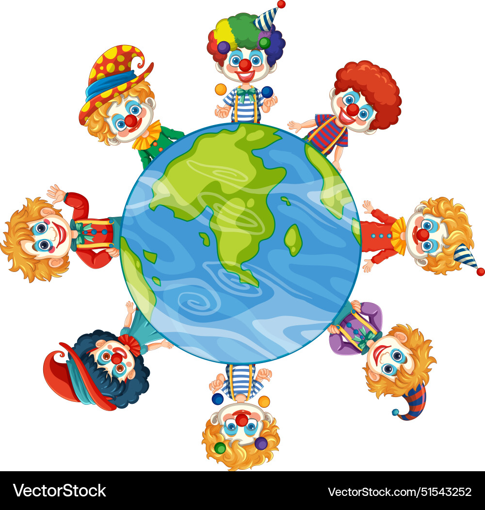 Colorful clowns encircle the earth symbolizing Vector Image