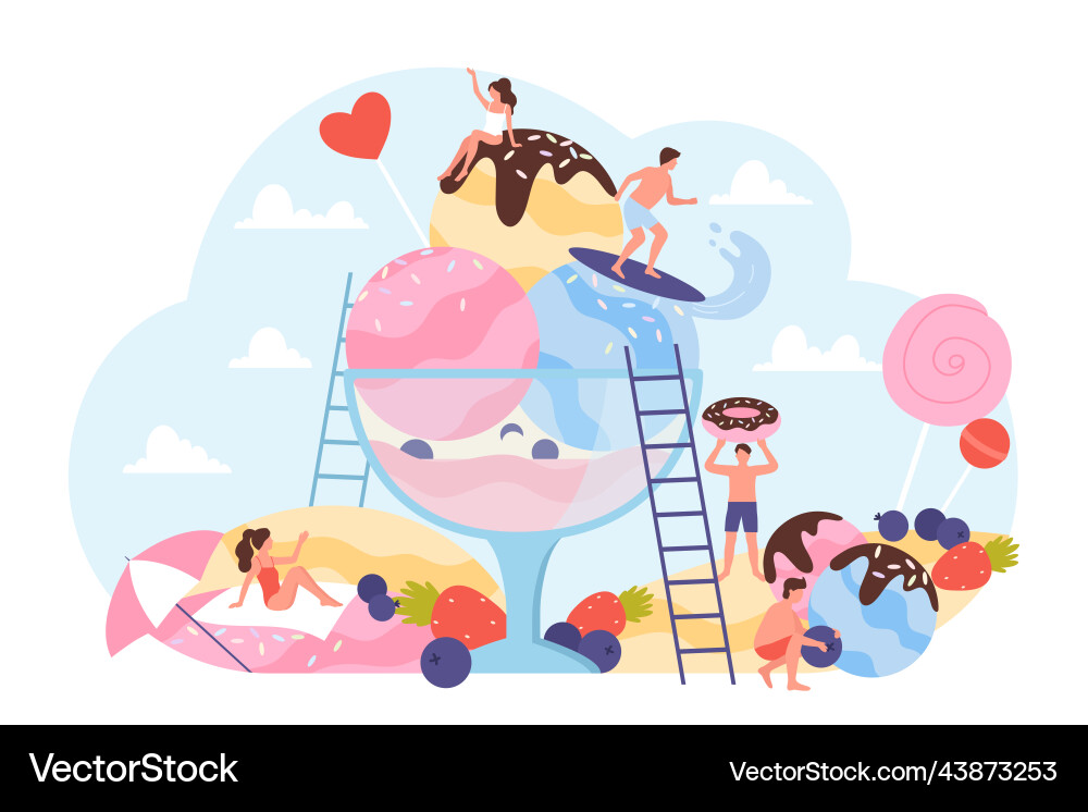 Ice cream beach party summer camp scene with tiny Vector Image