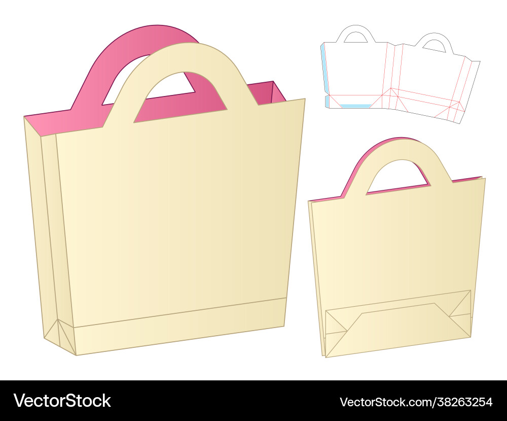 Paper bag die cut template design 3d mock-up Vector Image