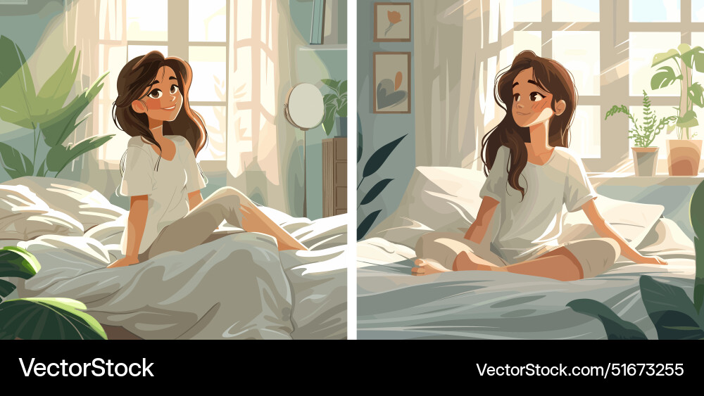 Awakening cartoon scenes bedroom pillows Vector Image