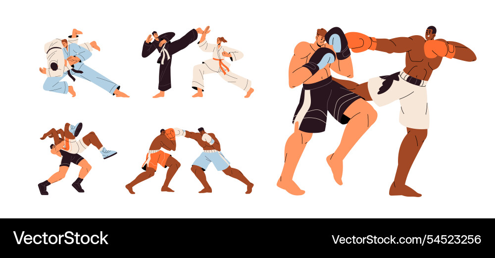 Martial arts set fighters wrestling hit kick Vector Image