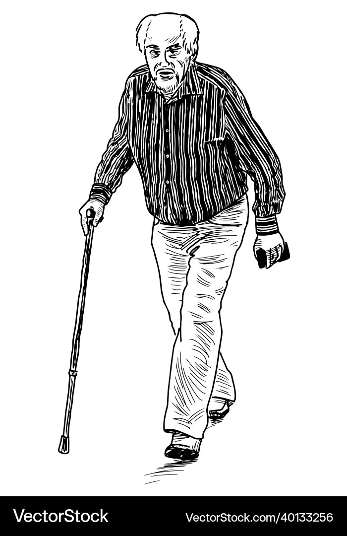 Sketch of old man with walking cane Royalty Free Vector