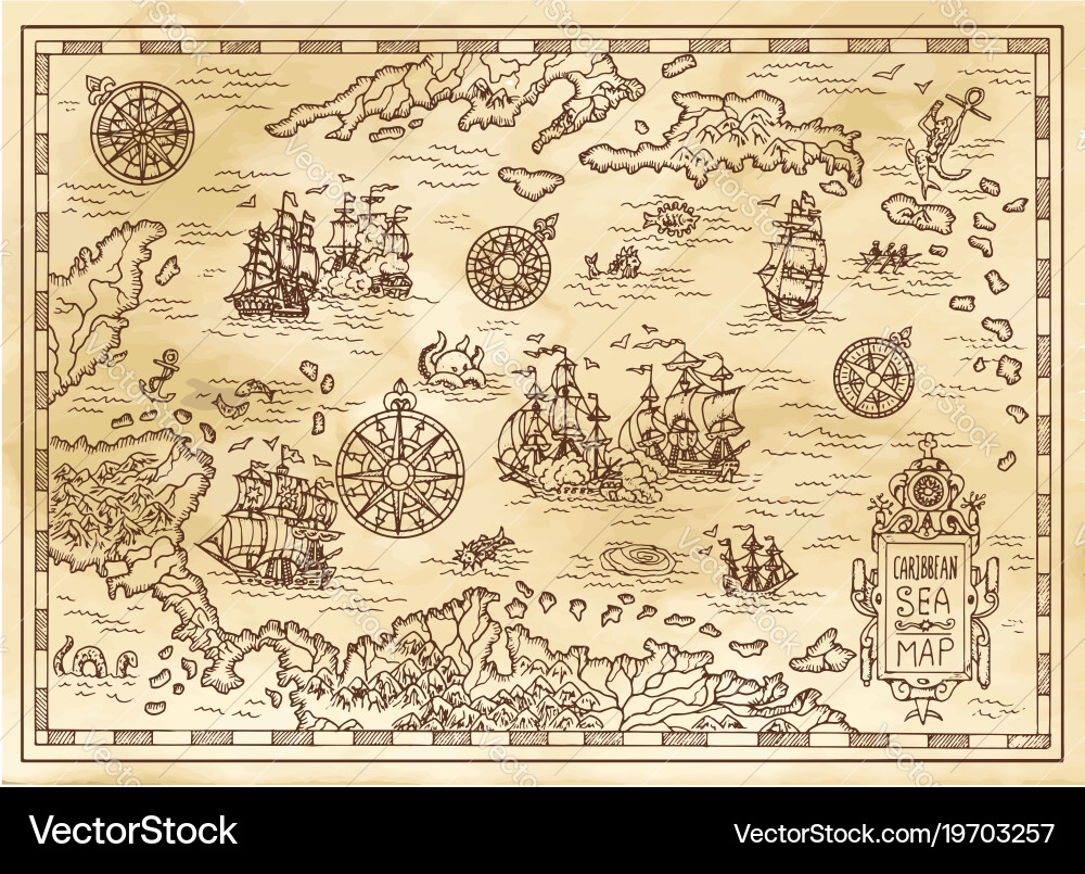 Ancient pirate map of the caribbean Royalty Free Vector