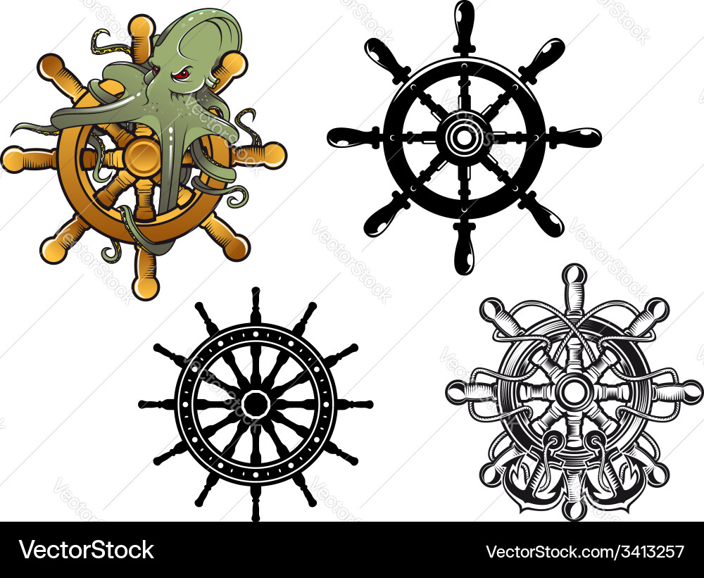 Octopus ans ship steering wheels Royalty Free Vector Image