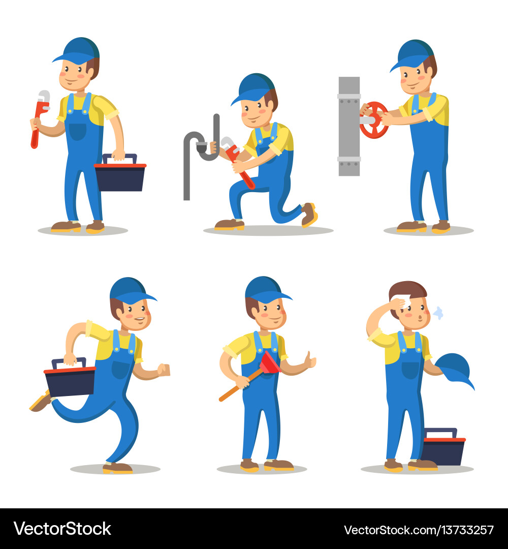 Plumber cartoon character set Royalty Free Vector Image
