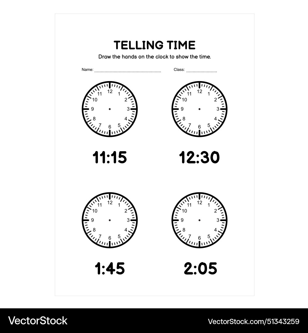 Telling time and clock worksheets math work Vector Image