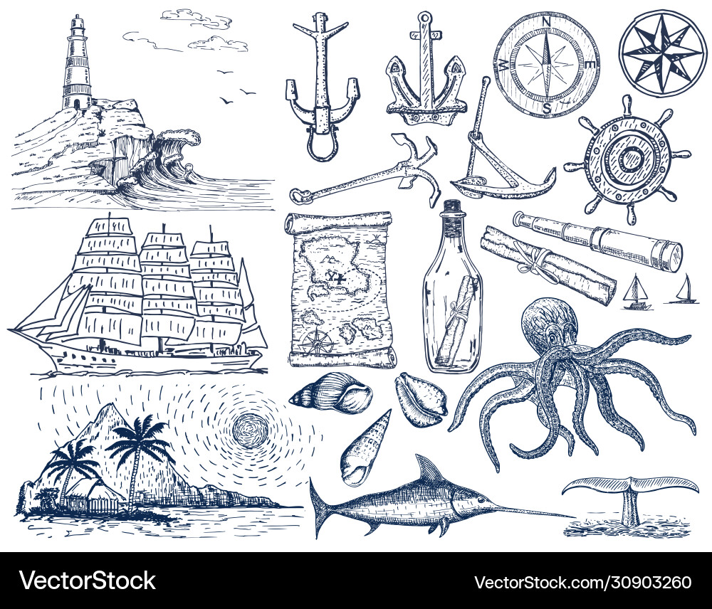 Nautical hand drawn set sailing sketch Royalty Free Vector