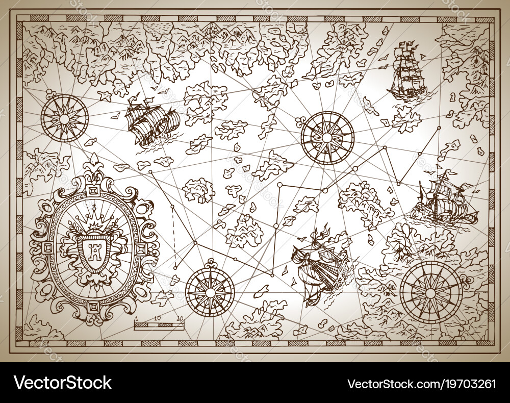 Pirate treasure map with compass and ships Vector Image