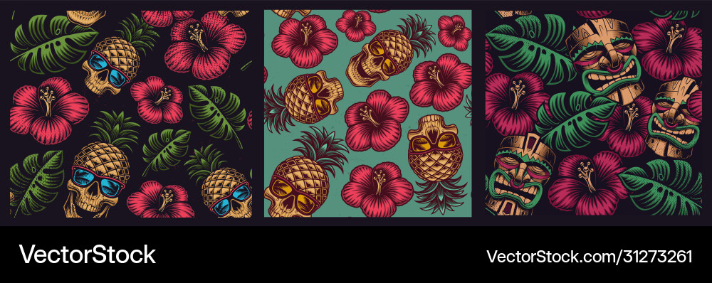 Set seamless colored patterns in hawaiian style Vector Image