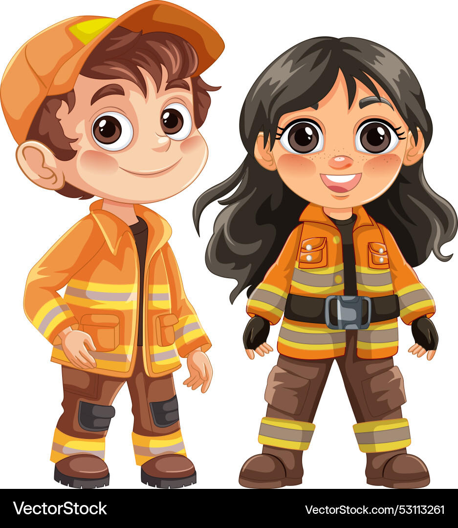 Two kids dressed as firefighters smiling Vector Image